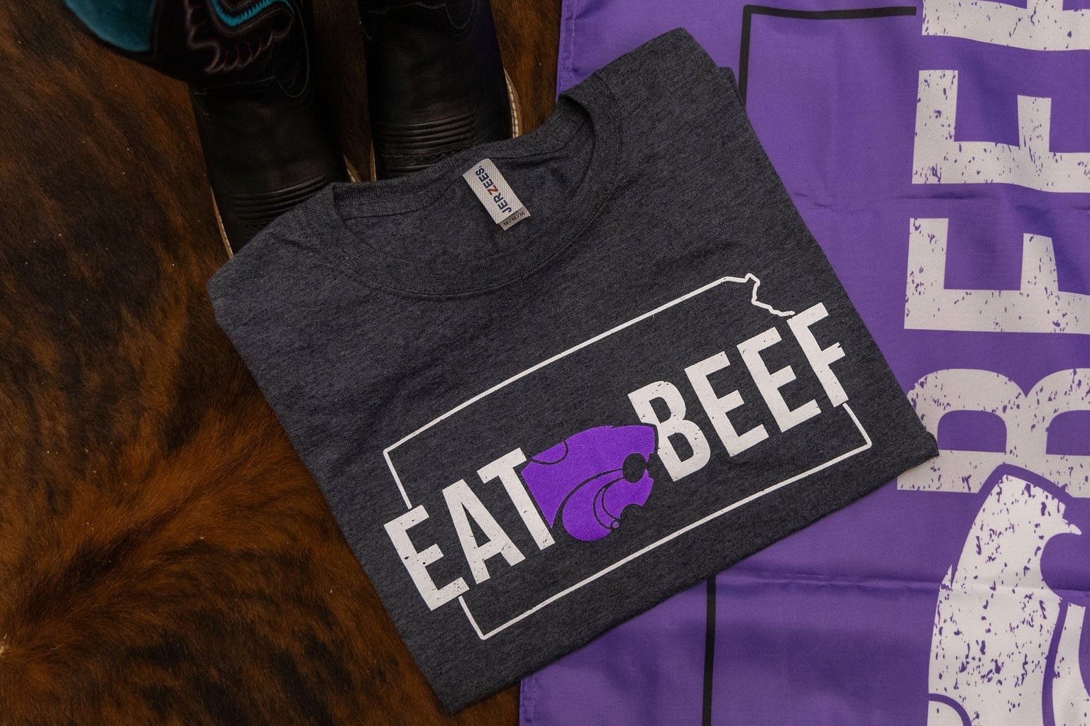 Adult Heather Grey Eat Beef T-Shirt with Kansas Outline | Collegiate ...